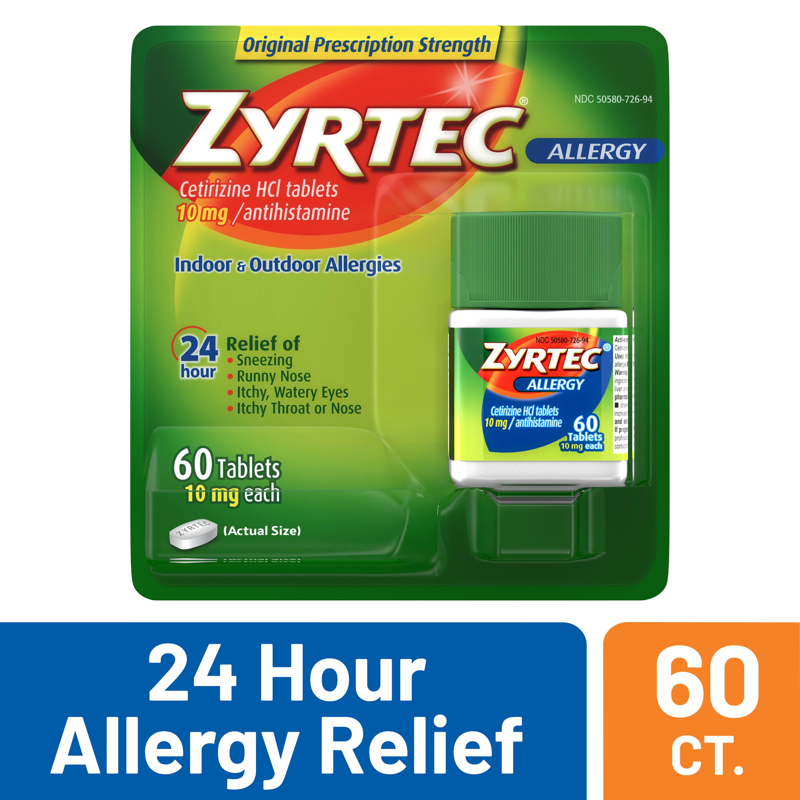 Zyrtec 24 Hour Allergy Relief Tablets with 10 mg Cetirizine HCl, 60 ct ...